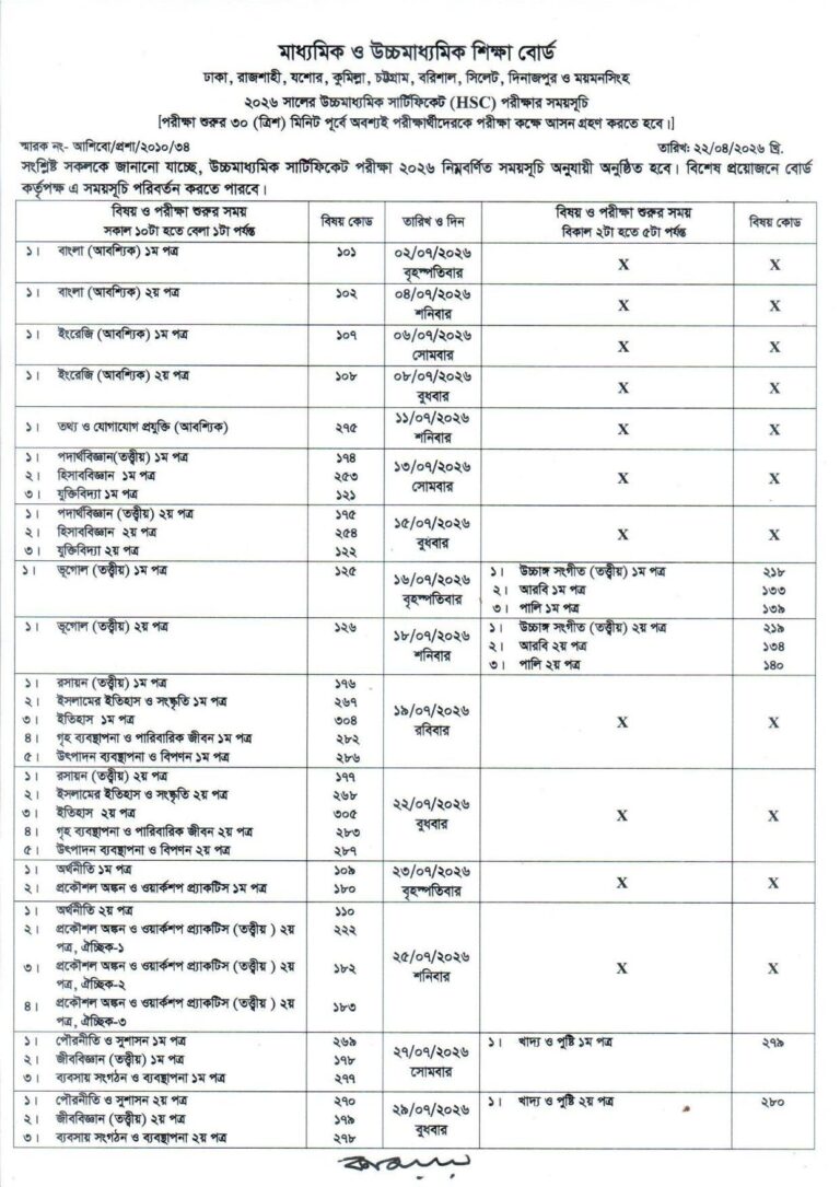 HSC Routine 2026 PDF - এইচএসসি রুটিন ২০২৬